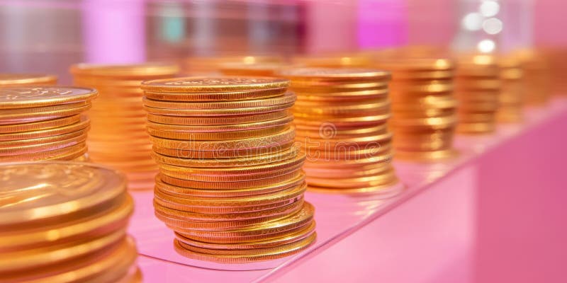 Stacks of Shiny Gold Coins on Reflective Surface with Pink Background ...