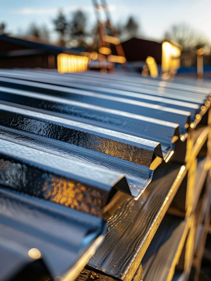 Stacks of Shiny Metal Roofing Sheets in Sunlight. Stock Image - Image ...