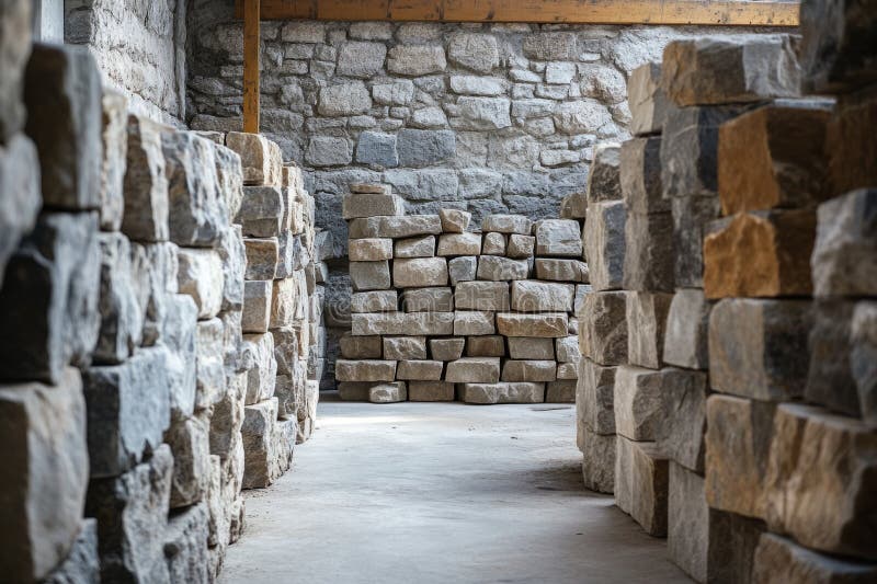 Stacks of Stone Blocks Forming a Narrow Corridor in a Warehouse, Ready ...