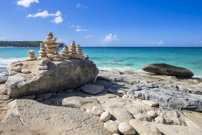 Stacks of Stones in Balance at a Beach Stock Image - Image of rock ...
