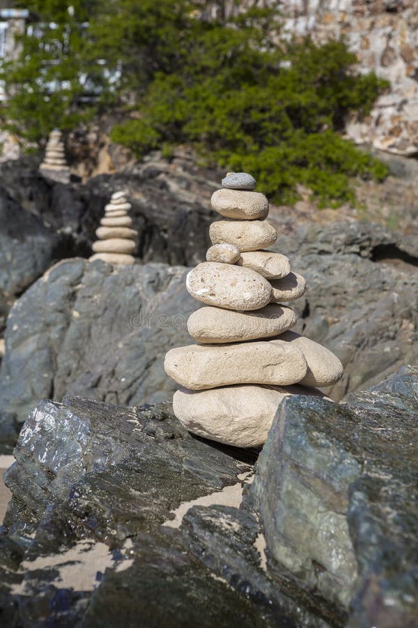 Stacks of Stones in Balance at a Beach Stock Image - Image of heap ...