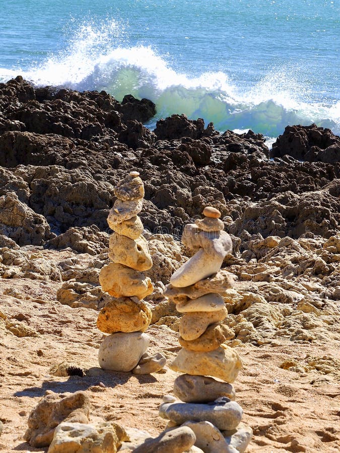 Stacks of Stones in Front of Blue Ocean Stock Photo - Image of meditate ...