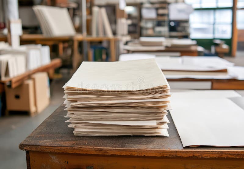 Stacks of Unprocessed Paper Waiting for Use in a Workshop Environment ...
