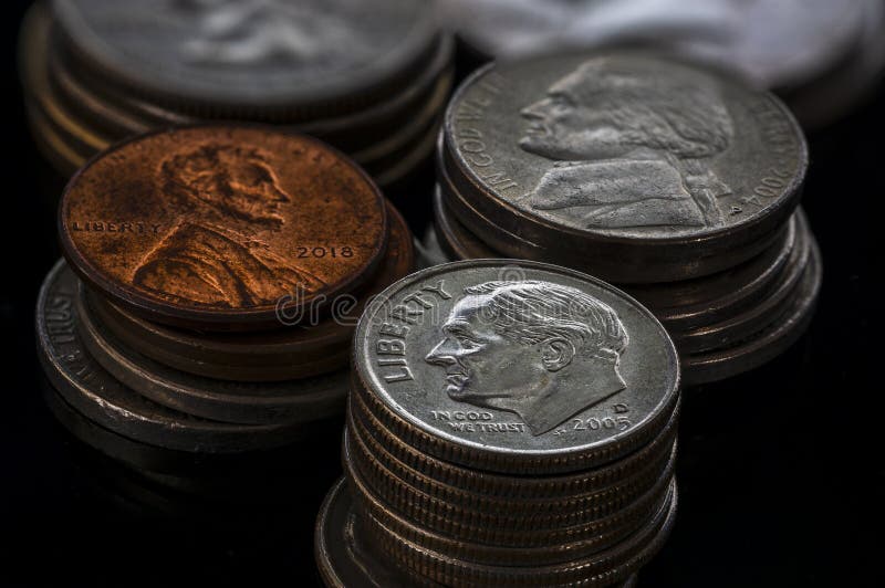 Stacks of US Coins Dimes Cents Nickels Black Background Stock Image ...