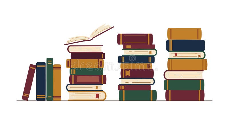 Stacks of Various Colored Books with One Open Book Flying Pages Vector ...
