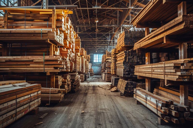 Stacks of Various Lumber Arranged Neatly in Warehouse Under Abundant ...