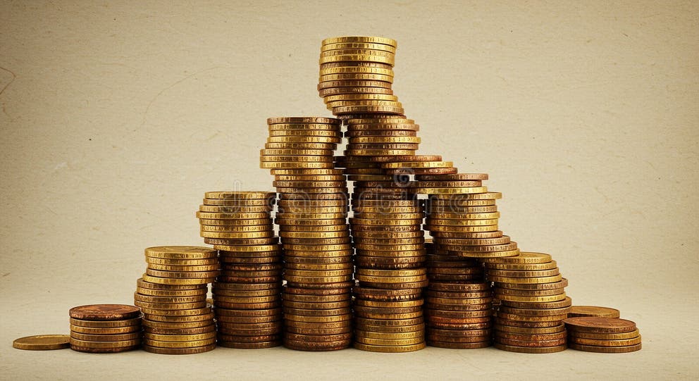 Stacks of Variously Sized and Colored Coins are Arranged in a Pyramidal ...