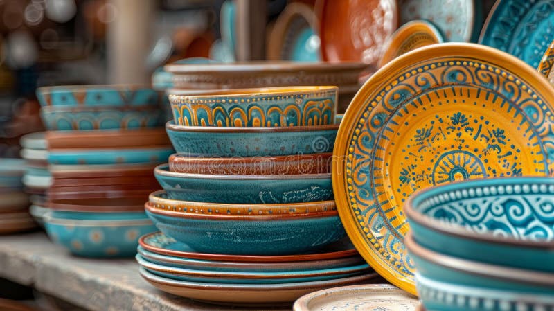 Stacks of Vibrant Handmade Plates. Stock Photo - Image of patterned ...