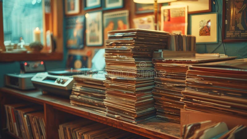 Stacks of Vinyl Records with a Turntable Stock Photo - Image of ...