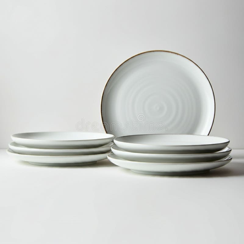 Stacks of White Ceramic Plates are Arranged on a White Surface. One ...