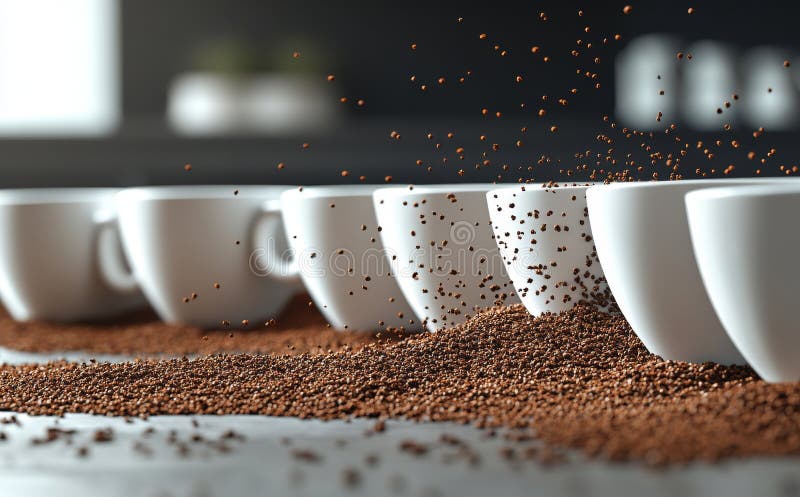 Stacks of White Coffee Containers Spilling Ground Coffee on a Wooden ...