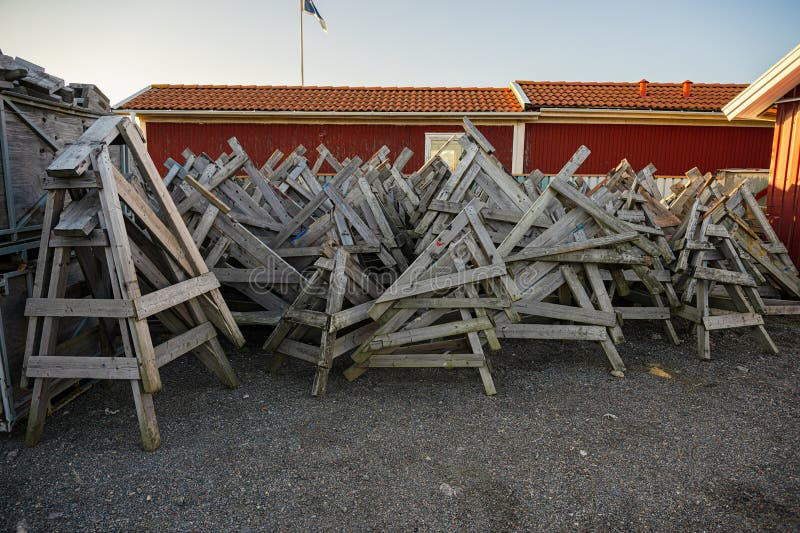 Stacks of Wooden Boat Stands in Summer Storage at a Marina.. Stock ...