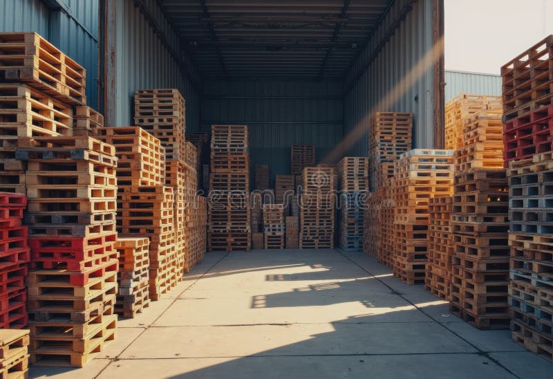 Stacks of Wooden Pallets Arranged on a Wide Loading Ramp in a Warehouse ...