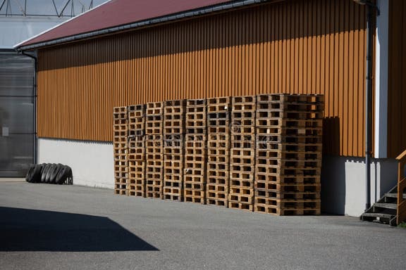 Stacks of Wooden Pallets by the Side of a Warehouse.. Stock Image ...
