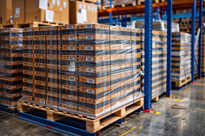 Stacks of Wrapped Cardboard Boxes on Pallets in a Logistics Center ...