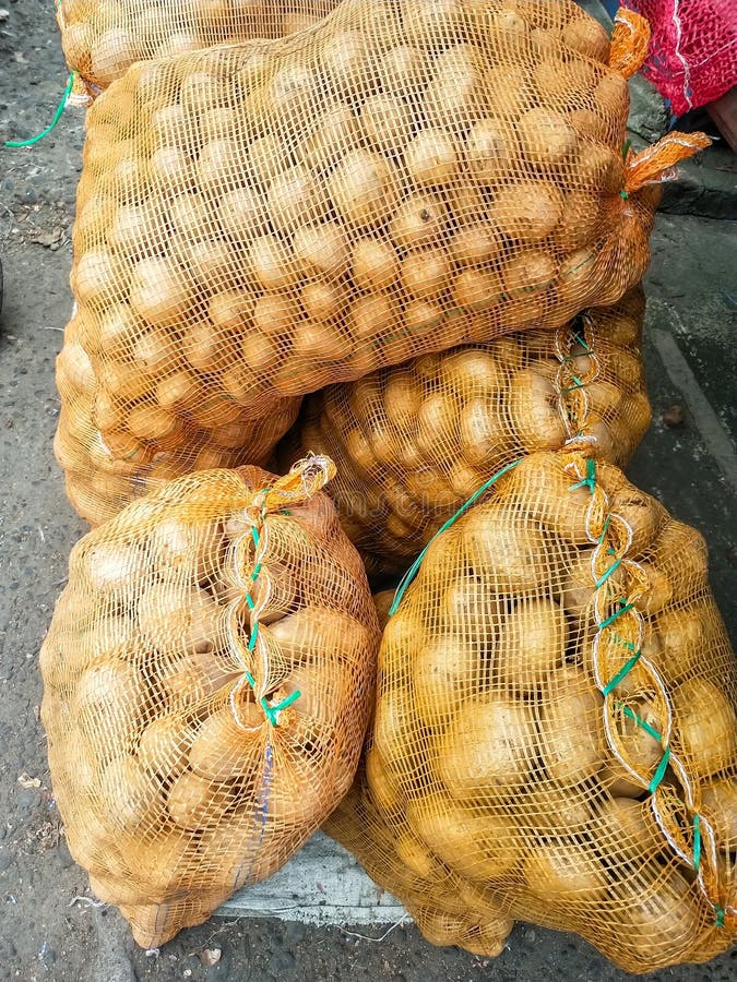 Stacks of Yellowish Brown Potato Sacks Full and Ready To Be Distributed ...