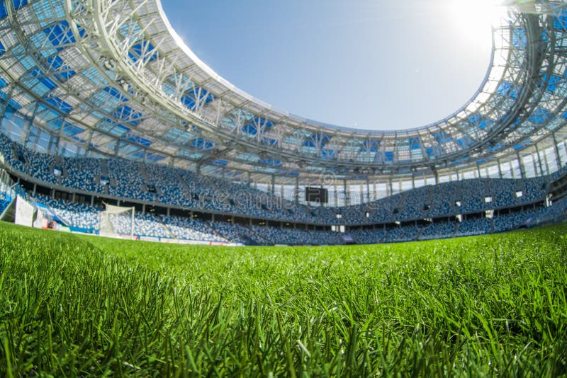 Grass on Stadium in Sunlight. Closeup of a Green Football Field Stock ...