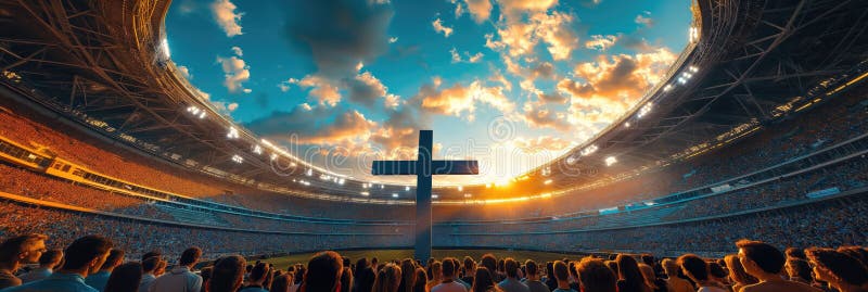 Stadium Full of People Attending a Religious Event with a Big Cross ...