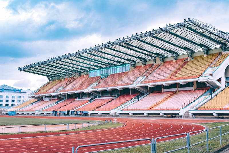 Stadium Grandstand Background with Running Track and Lawn Stock Image ...