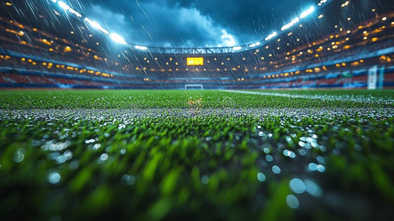 Stadium Grass Under Rain with Lights and Dramatic Sky. Generative AI ...