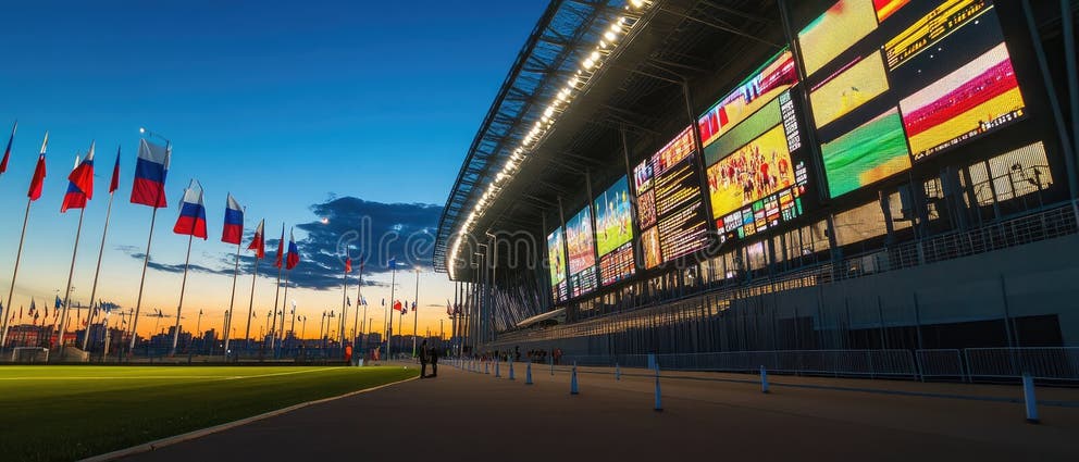 A Stadium with a Large Display Screen at Dusk with Several Flags Flying ...