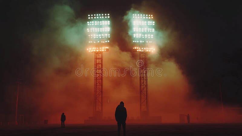 Stadium Lights at Night, Lonely Figure, Smoky Atmosphere Stock ...