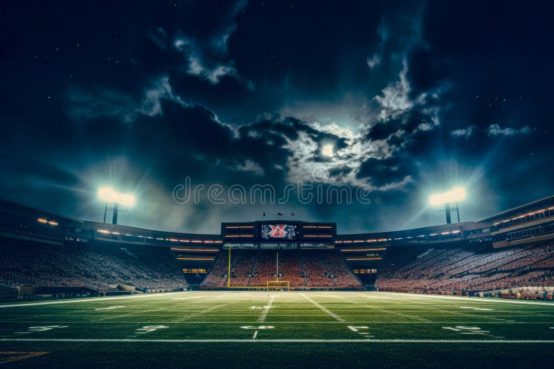 Stadium at Night with Bright Lights and Grass Field Stock Image - Image ...