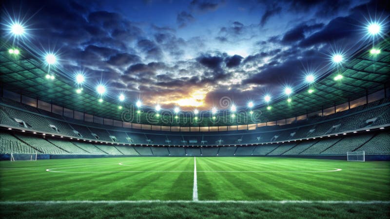 Stadium Night Ground-Level View, Lush Green Field, Dramatic Sky Stock ...