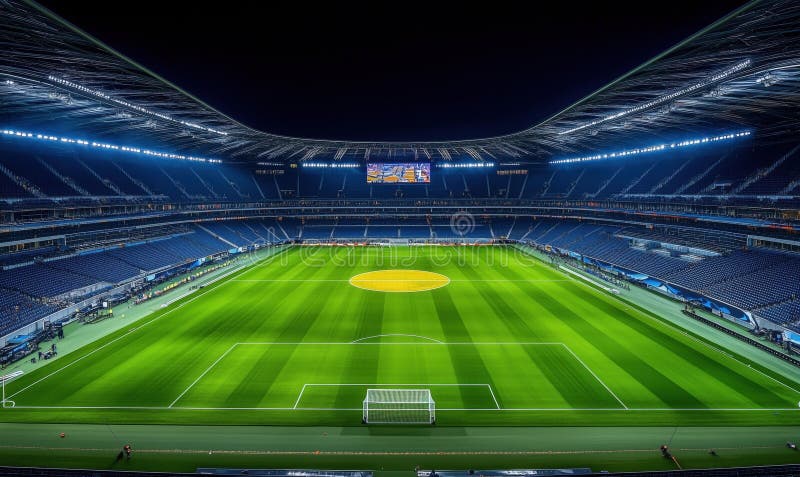 Stadium at Night with Illuminated Pitch and Empty Stands Ready for ...