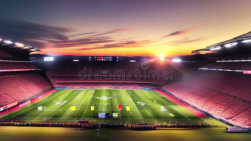 Stadium at Sunset: a Glimpse of the Field and Stands Illuminated by the ...