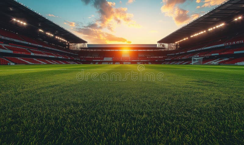 Stadium at Sunset with Vibrant Sky and Lush Green Grass Field Stock ...