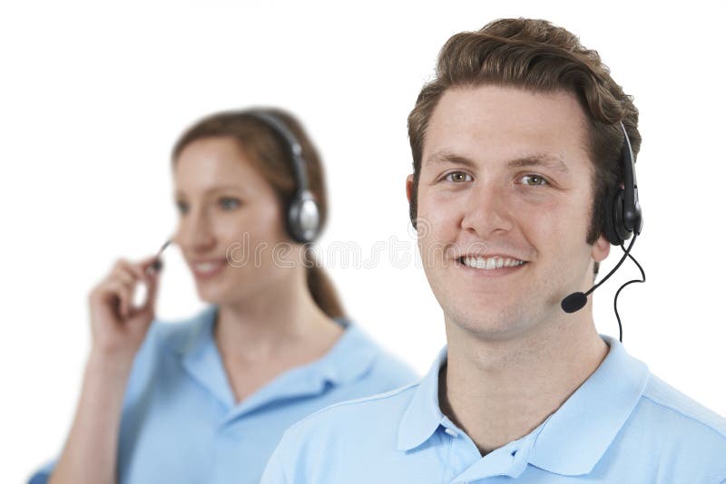 Man Answering Calls in Customer Service Department Looking Aside Copy ...