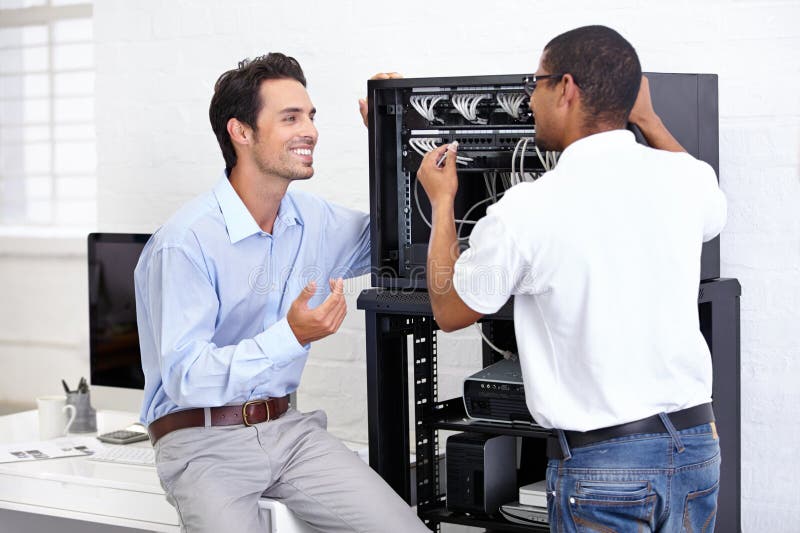 Staff, Men and Employees with Server, Internet Connection and ...