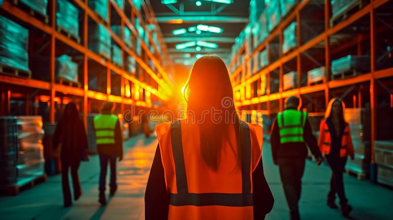 Staff in Reflective Vests Walking in a Warehouse. Back View Stock ...