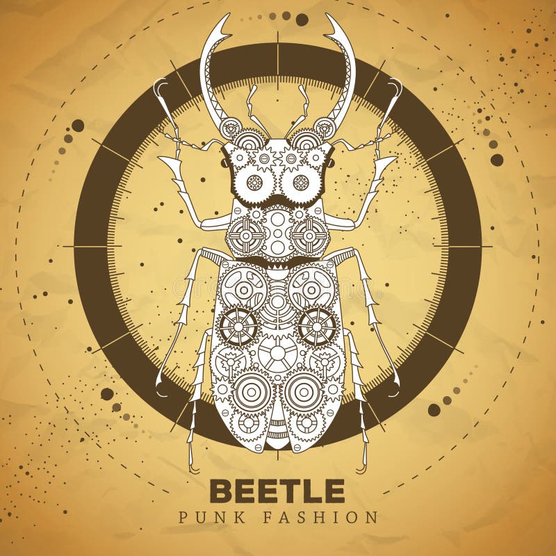 Stag Beetle Silhouette with Gears on Old Paper Texture Background. Punk ...