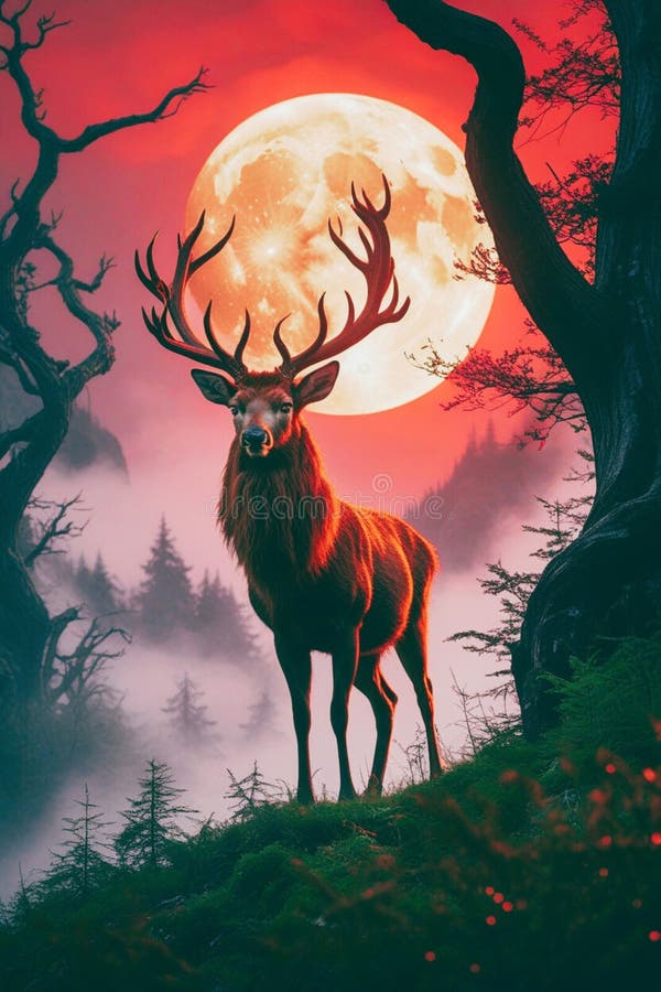 Stag Front Facing in Forest with a Full Blood Moon in Sky AI GENERATED ...