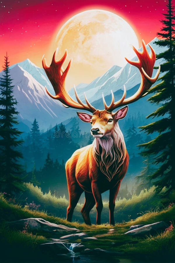 Stag Front Facing FOREST and MOUNTAINS with a FULL MOON AI GENERATED ...