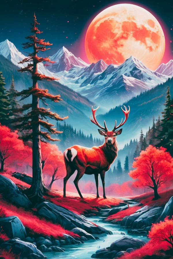 Stag Front Facing Forest Mountains and Full Blood Moon AI GENERTAED ...