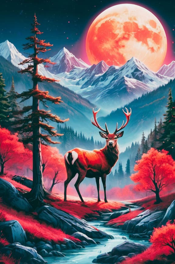 Stag Front Facing Forest Mountains and Full Blood Moon AI GENERTAED ...