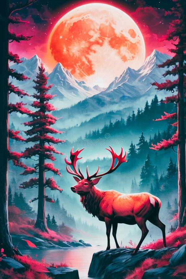Stag in Forest with Mountains and Full Blood Moon AI GENERATED IMAGE ...