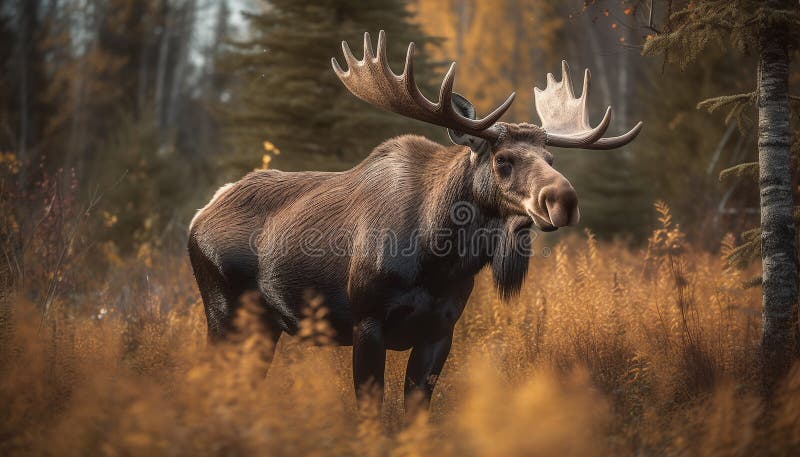 Stag Grazes in Meadow, Beauty in Nature Wilderness Area Generated by AI ...