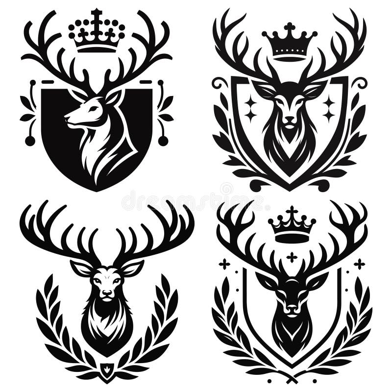 Stag Heraldic Emblems Vector Illustration Black and White, Representing ...