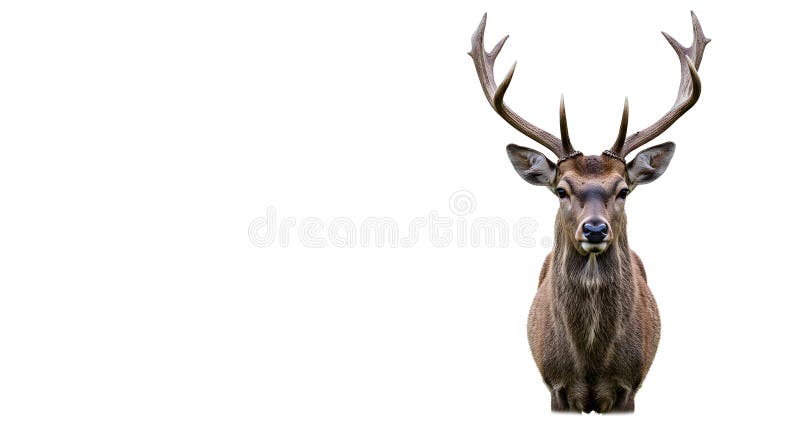 A Stag with Impressive Antlers Facing Forward Against a White ...