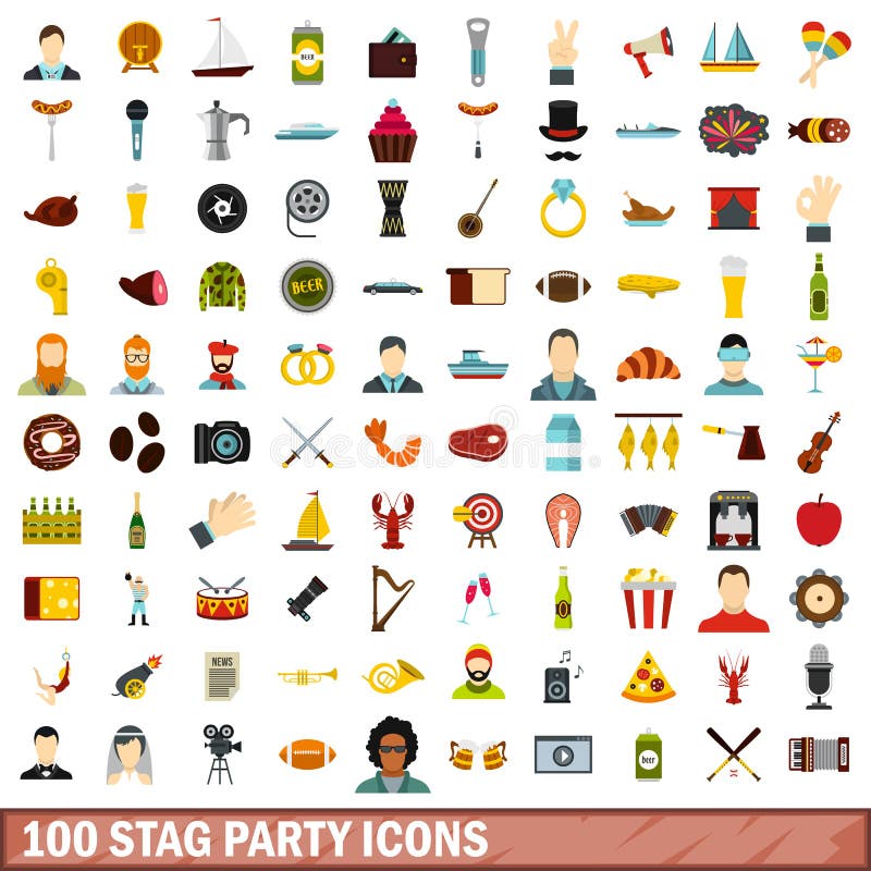 100 Stag Party Icons Set, Flat Style Stock Vector - Illustration of ...