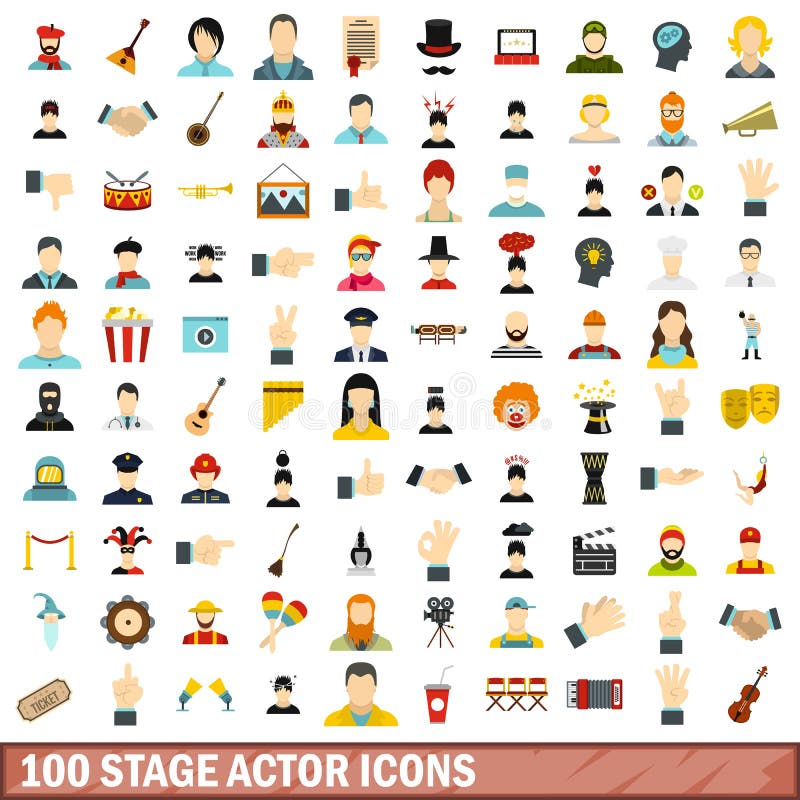 100 Stage Actor Icons Set, Flat Style Stock Vector - Illustration of ...
