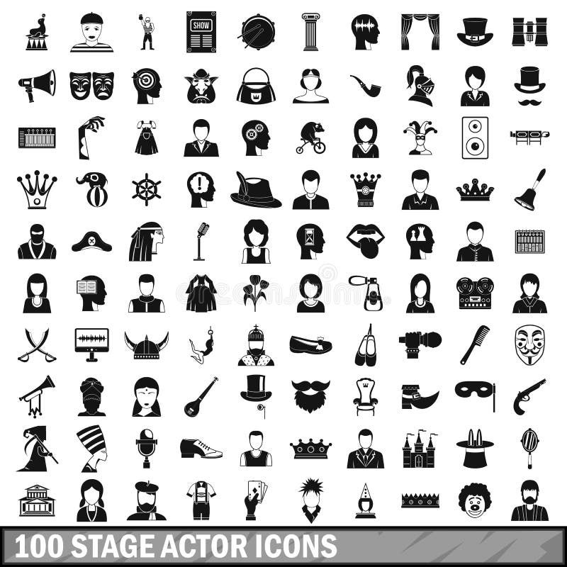 100 Stage Actor Icons Set, Simple Style Stock Vector - Illustration of ...