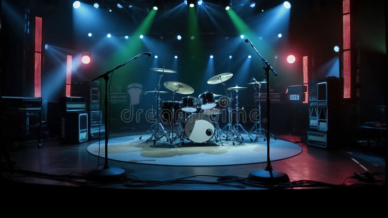 A Stage Awaiting Musical Magic with Instruments and Neon Lights ...