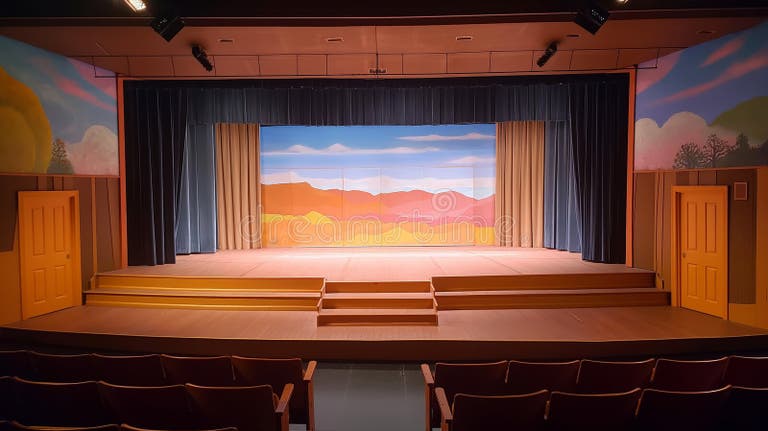 A Stage with a Blue Curtain and a Backdrop of a Desert. Stage ...