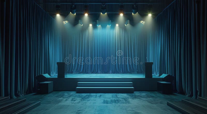 Stage with Blue Curtains and Stage Light Stock Photo - Image of ...
