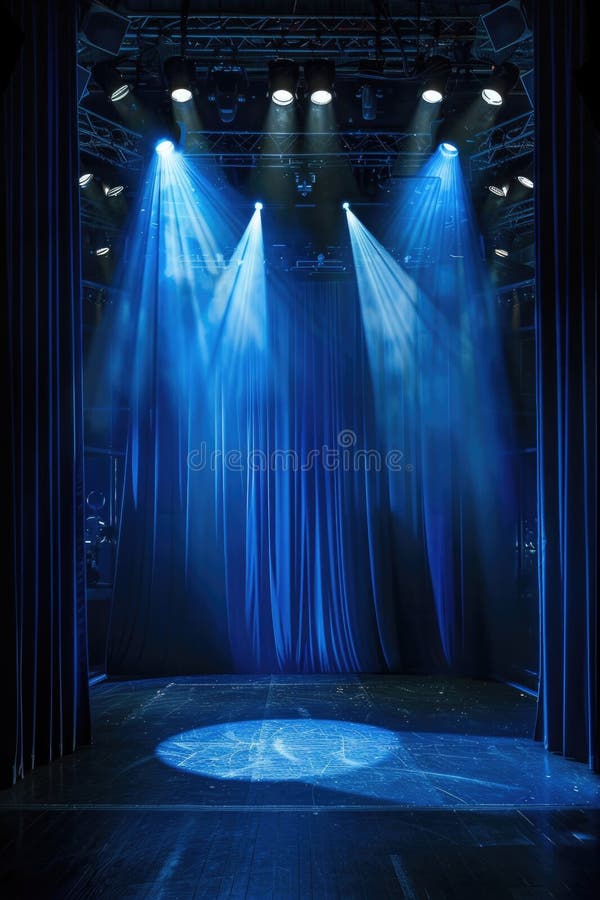 A Stage with Blue Curtains and Spotlights. Ideal for Theatrical or ...